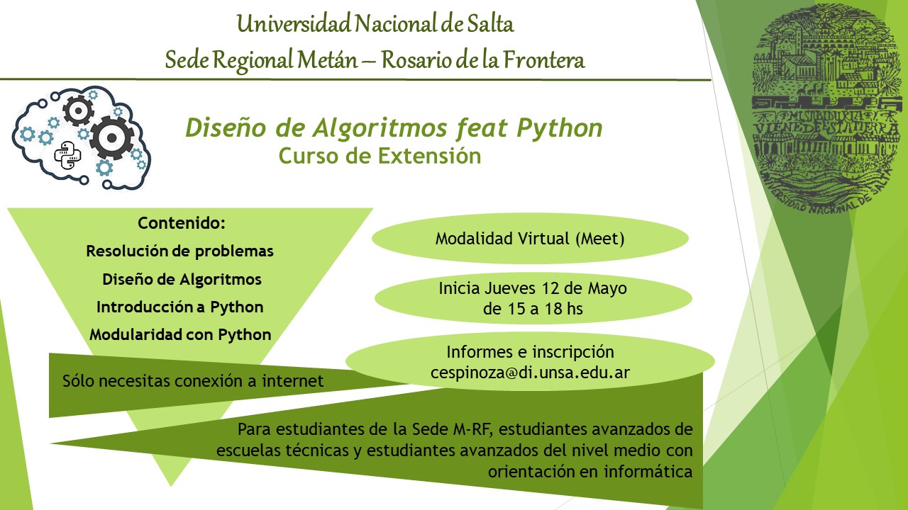 CURSO DE EXTENSIÓN: DISEÑO DE ALGORITMOS FEAT PYTHON – Sede Regional ...